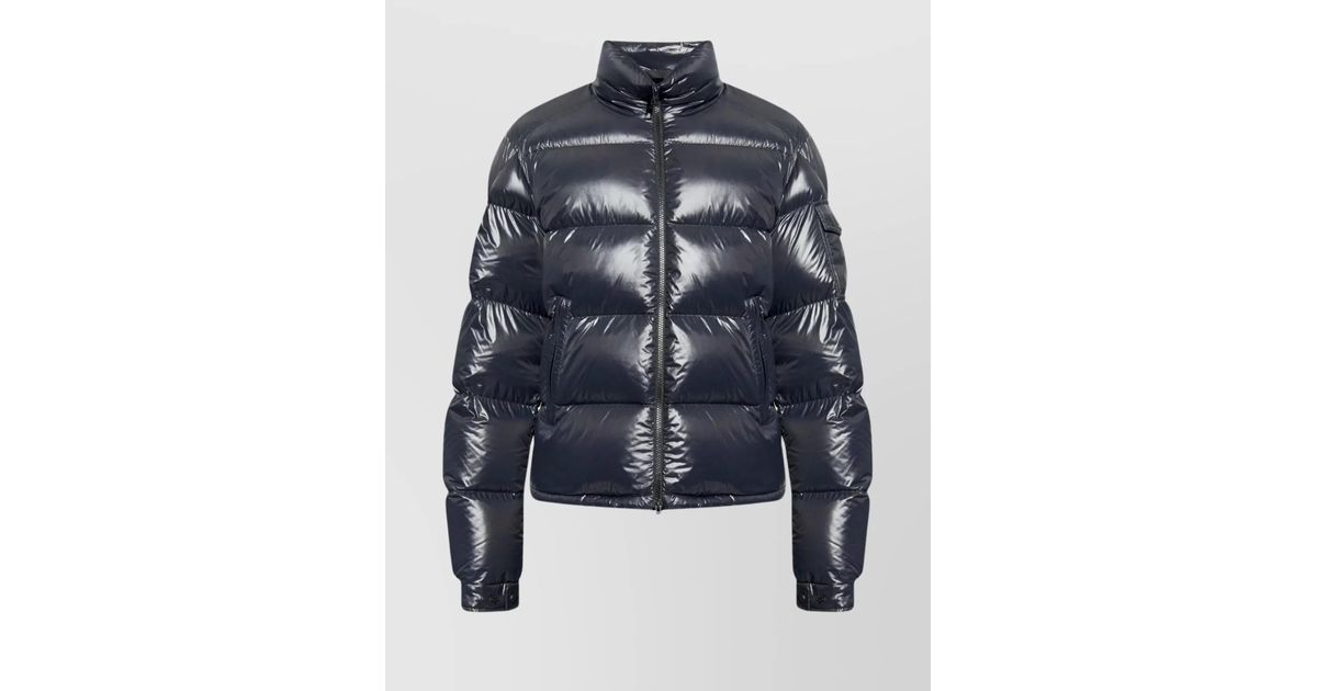 Moncler High Collar Quilted Jacket With Shiny Finish in Blue for Men | Lyst