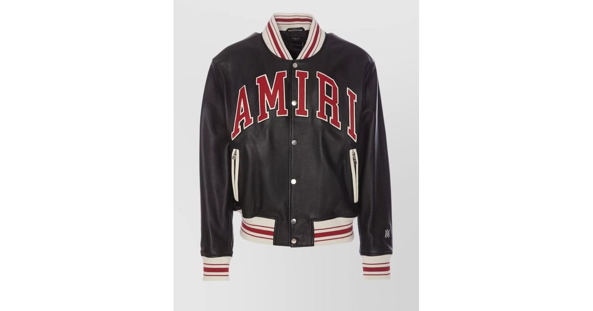 Amiri Ribbed Collar Leather Bomber Jacket in Gray for Men | Lyst