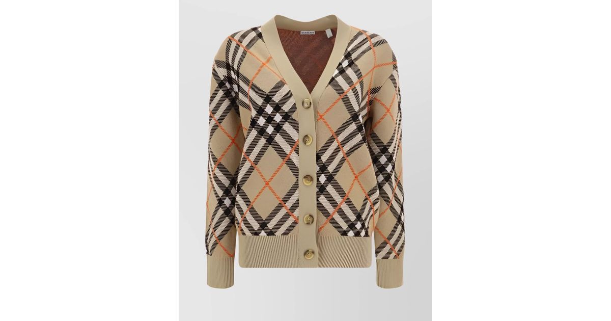 Burberry V-Neck Wool Cardigan Ribbed Trim | Lyst