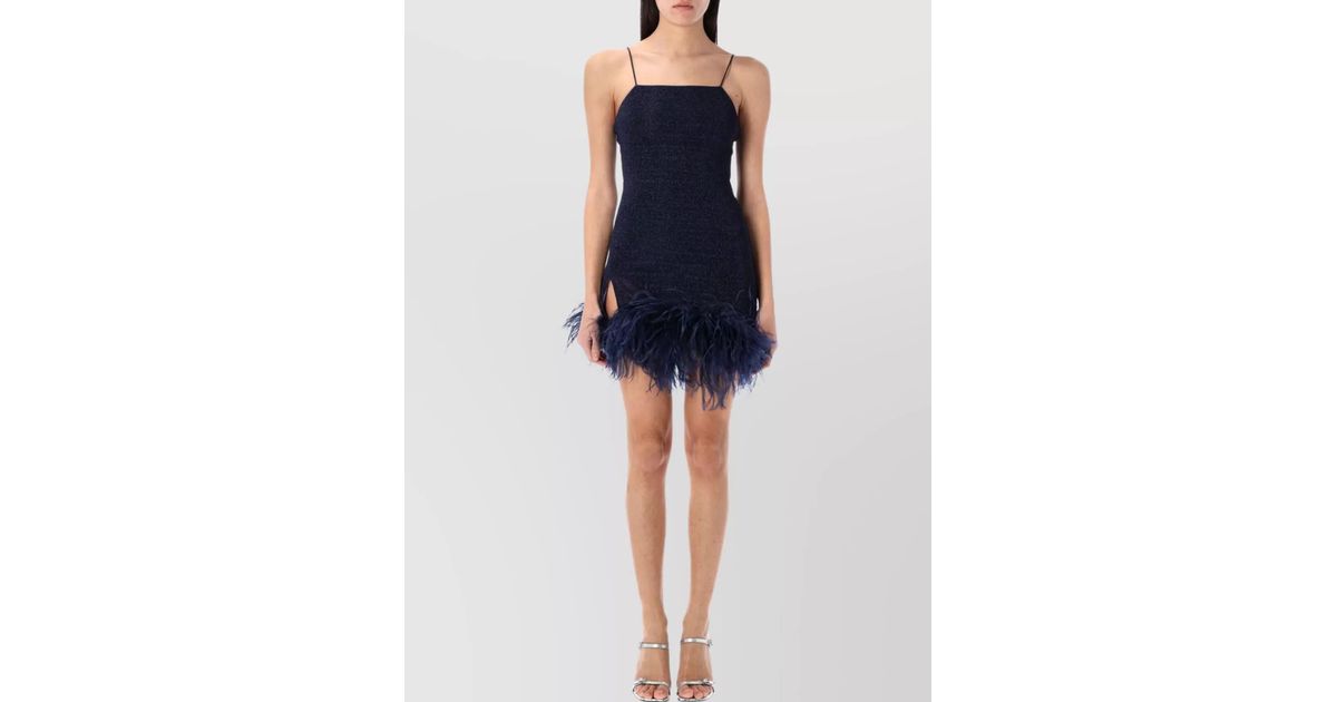 Oséree Feather Trim Glitter Laminated Mini Dress in Blue | Lyst