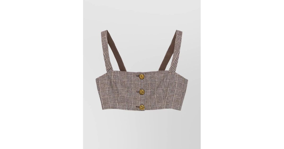 Self-Portrait Buttoned Check Crop Top With Gathered Back in Gray | Lyst