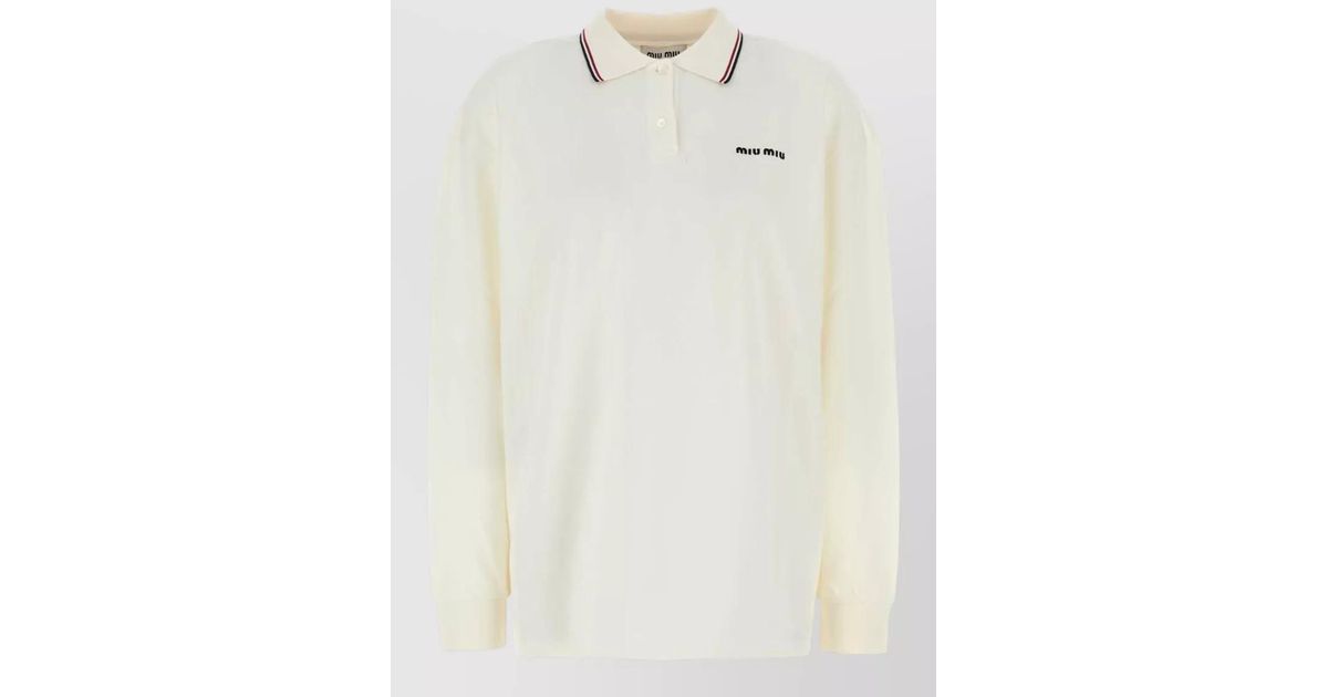 Miu Miu Collared Long Sleeve Polo With Ribbed Cuffs in White | Lyst UK