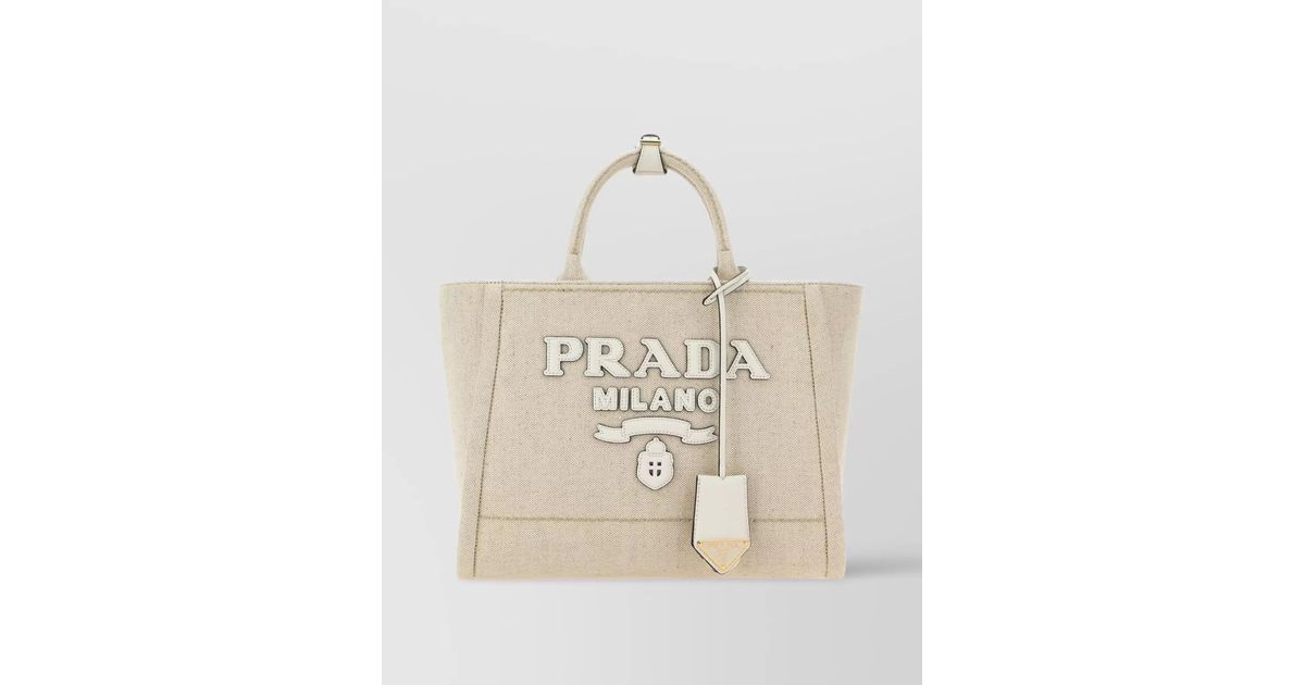 Prada Canvas Shopping Bag With Leather Logo Patch in Natural | Lyst