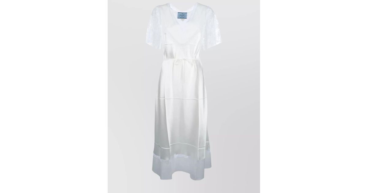 Prada Satin Lace Sleeve Midi Dress in White | Lyst