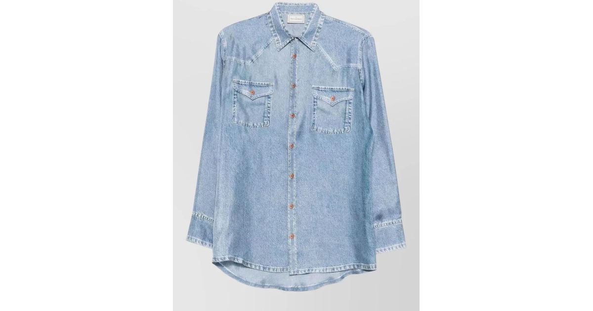 Pierre Louis Mascia Silk Shirt Curved Hem Yoke Chest Pockets in Blue ...