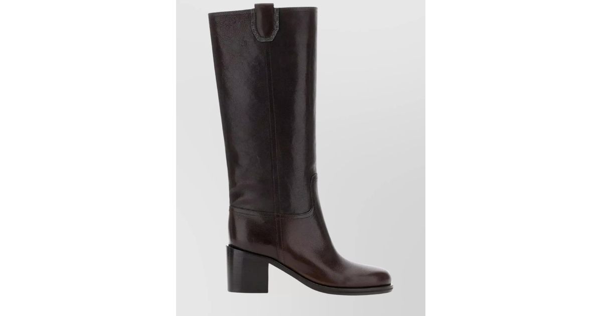 Brunello Cucinelli Knee High Block Heel Boots With Pull Tabs in Black ...