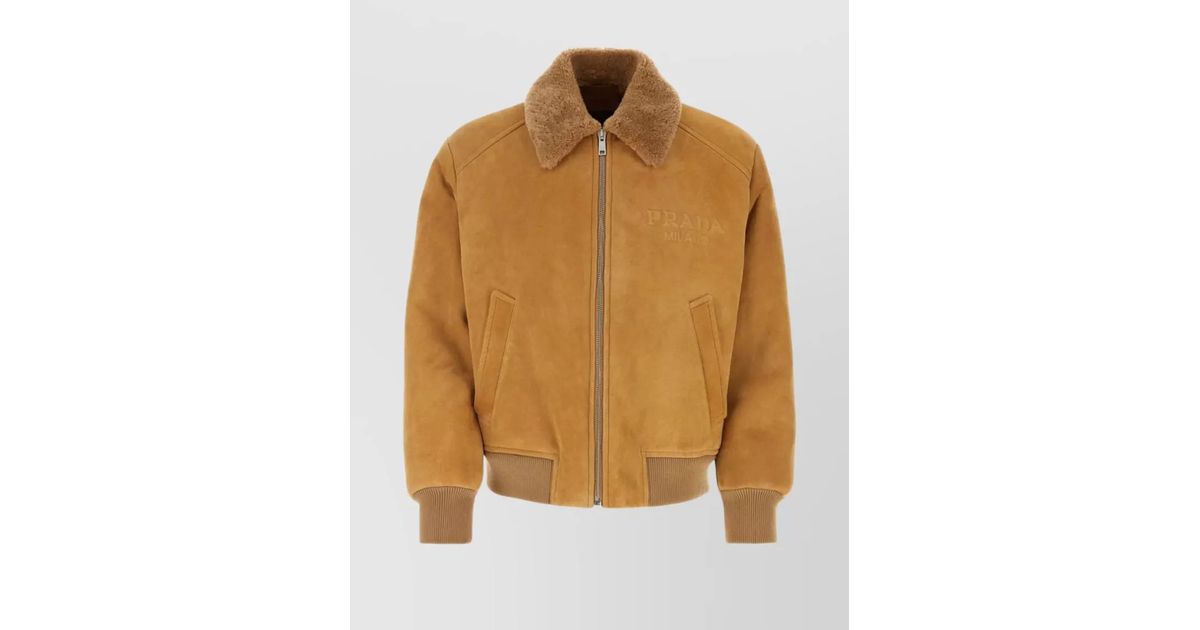 Prada Shearling Collar Ribbed Hemline Jacket in Brown for Men | Lyst