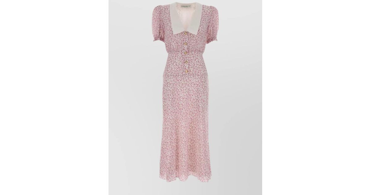 Alessandra Rich Floral Midi Dress Puff Sleeves in Pink | Lyst UK