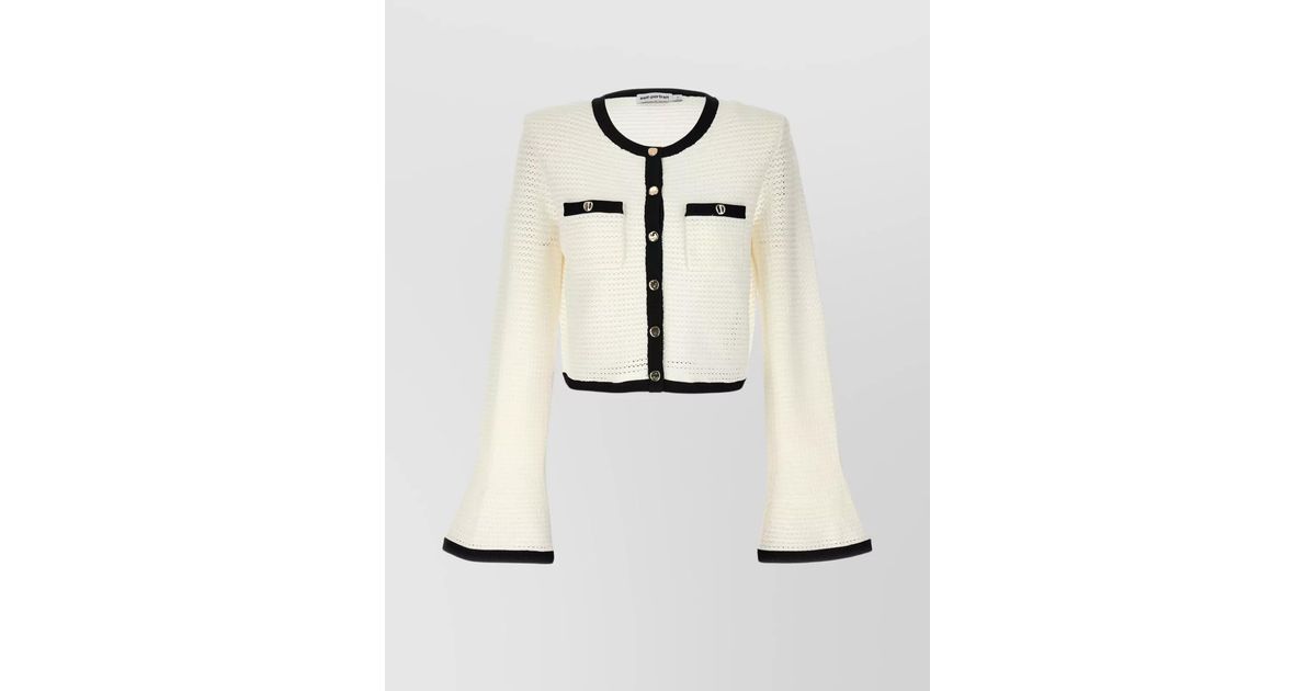 Self-Portrait Crochet Knit Cardigan With Contrast Trim in Natural | Lyst