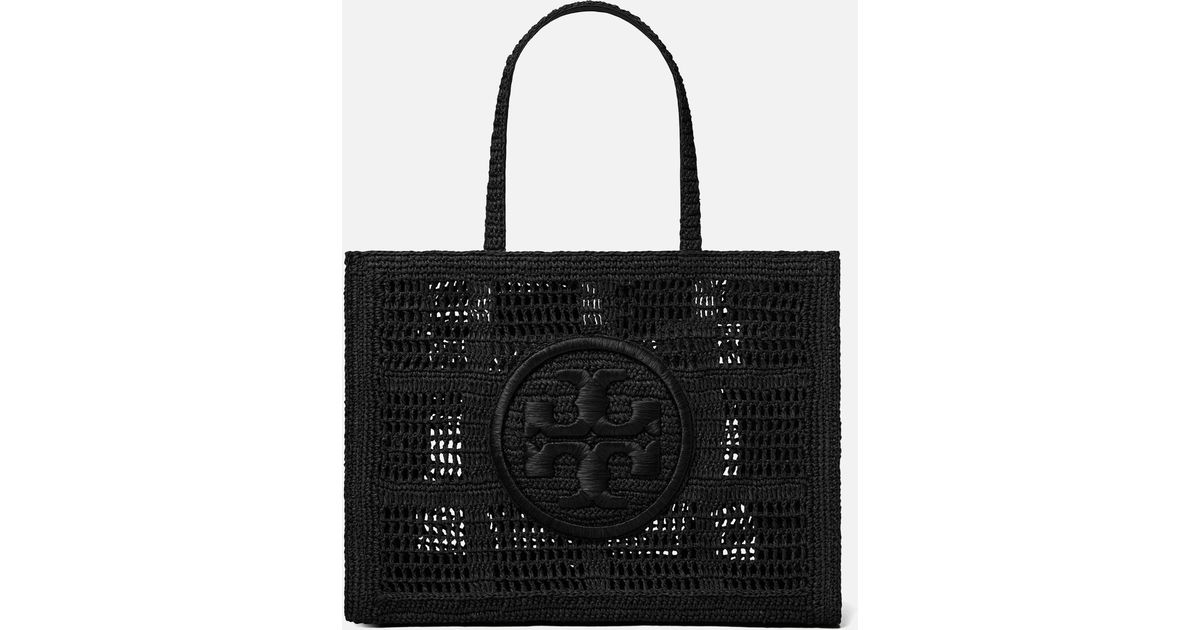 Tory Burch Ella Crocheted Straw Tote Bag in Black | Lyst