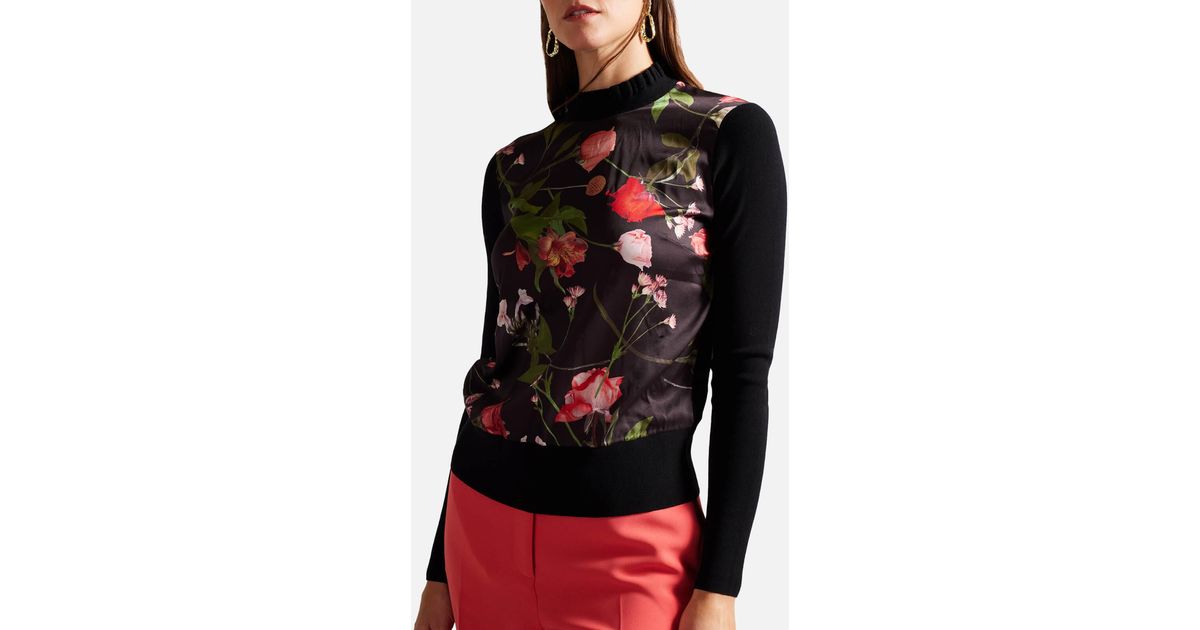 Ted Baker Frasiee Floral Satin And Jersey Sweater in Black | Lyst