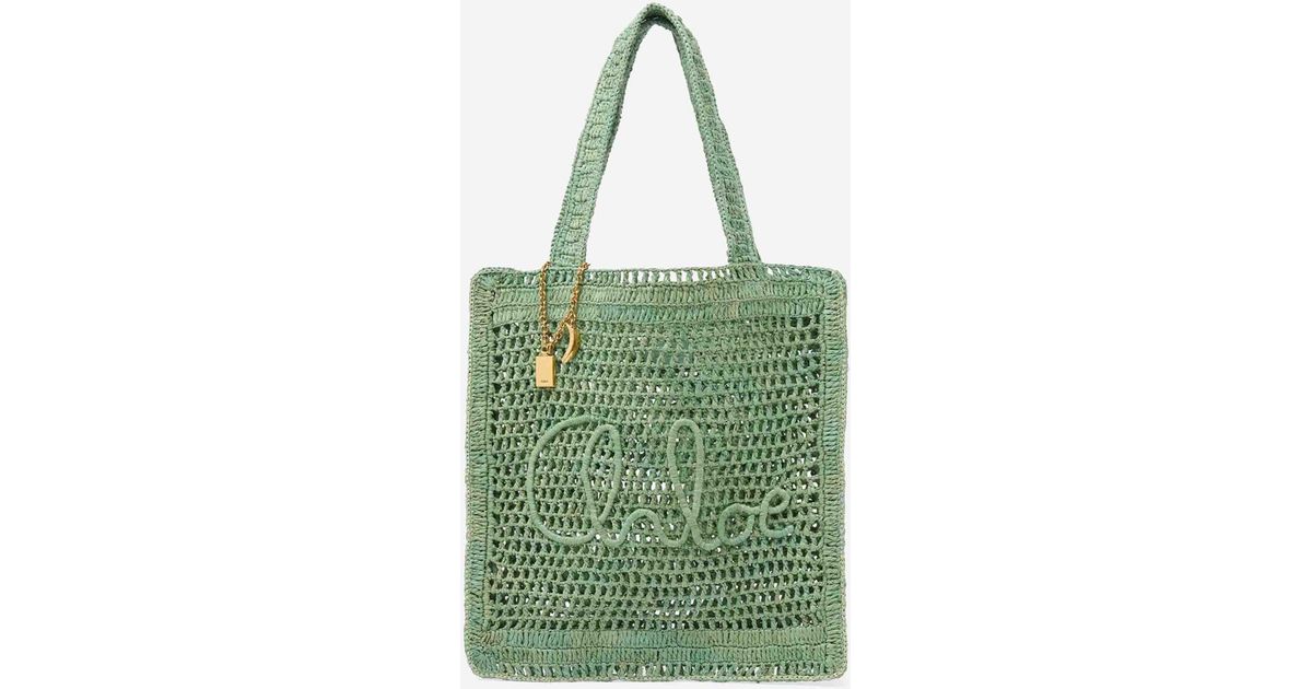 Chloé Raffia Tote Bag in Green | Lyst