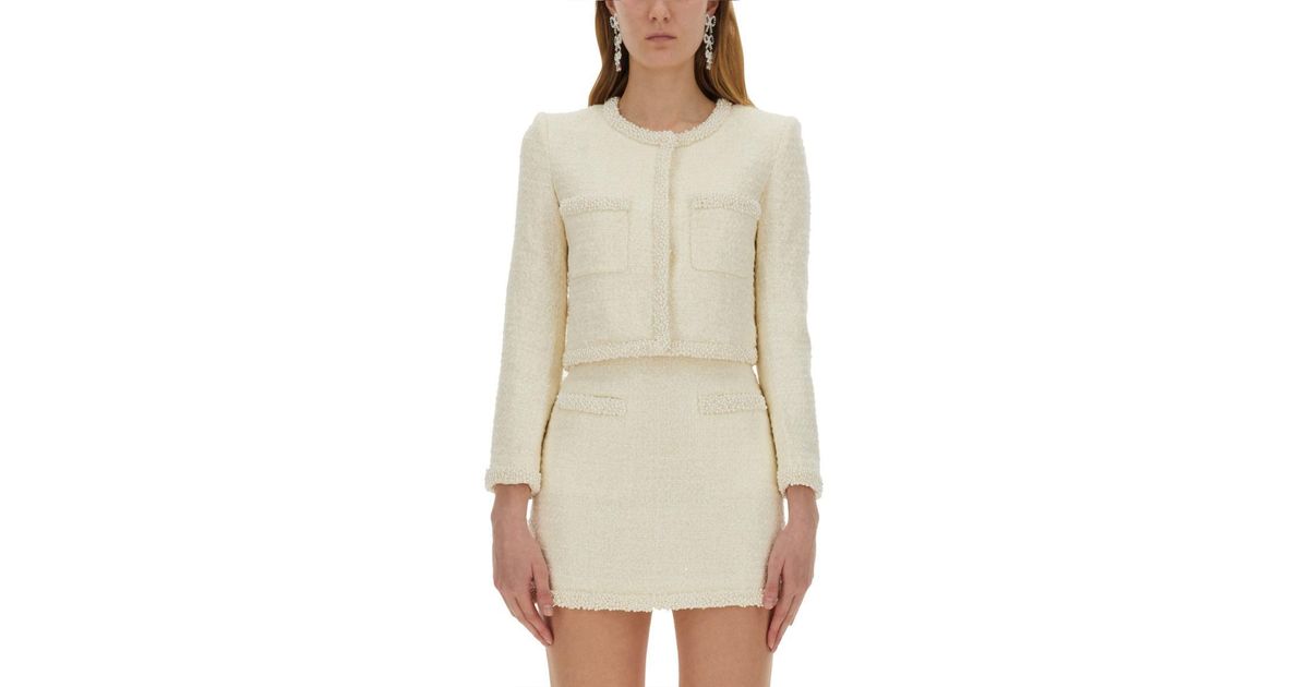 Self-Portrait Boucle Loop Jacket With Pearls in Natural | Lyst