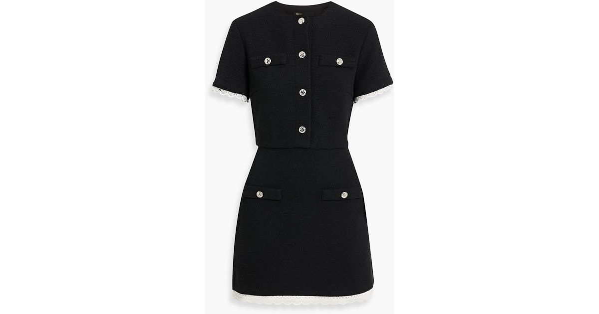 Maje Lace-Trimmed Tweed Mini Dress in Black | Lyst