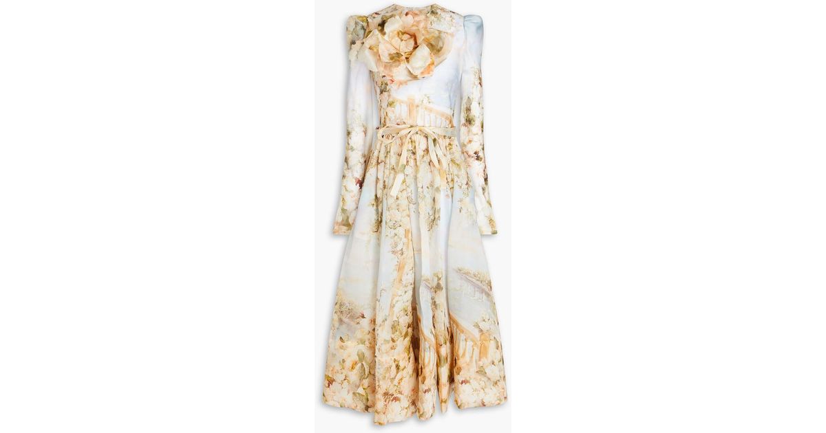 Zimmermann Appliquéd Floral-print Silk-organza Midi Dress in Natural | Lyst