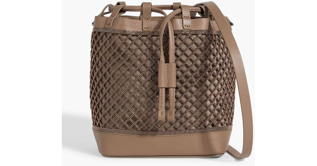 Brunello Cucinelli Bead-Embellished Laser-Cut Leather Bucket Bag in ...