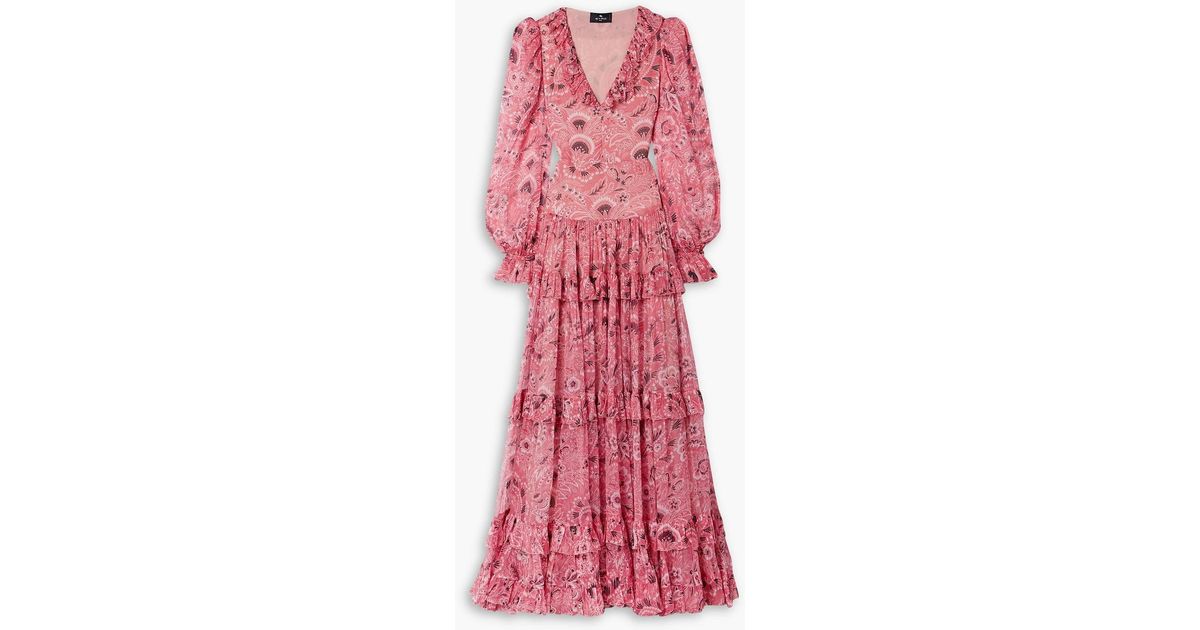 Etro Ruffled Paisley-Print Silk-Crepon Maxi Dress in Red | Lyst