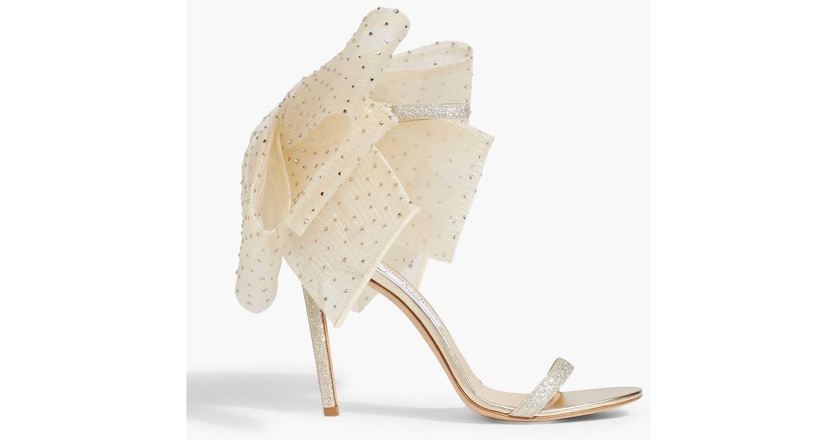 Jimmy Choo Aveline 100 Bow-detailed Glittered Woven Sandals in White | Lyst