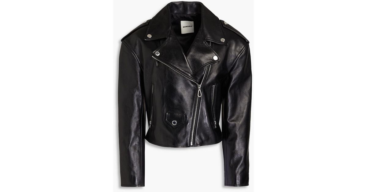 Sandro Cropped Leather Biker Jacket in Black | Lyst