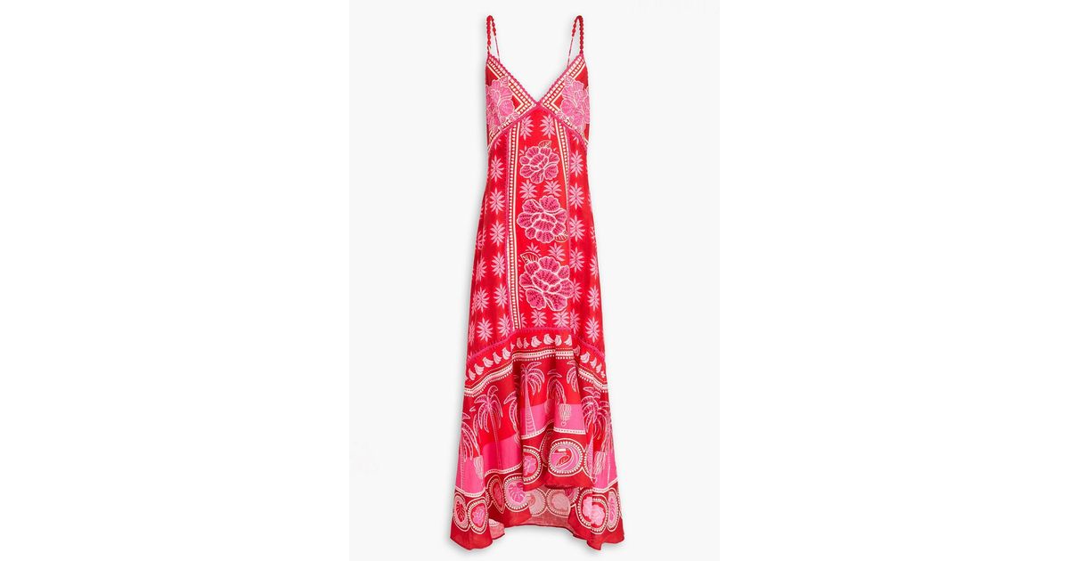 FARM Rio Crochet-trimmed Printed Linen Maxi Dress in Red | Lyst UK