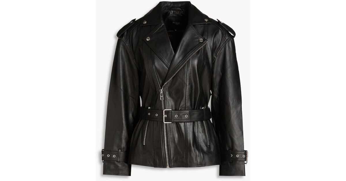 Maje Belted Leather Biker Jacket in Black | Lyst UK