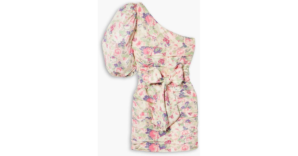 LoveShackFancy Altie One-shoulder Pleated Floral-print Satin Mini Dress ...