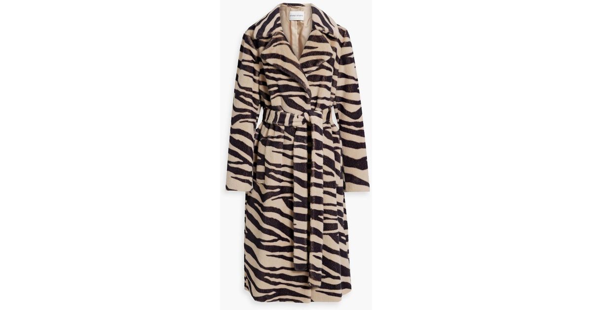 Stand Studio Winnie Belted Zebra-print Faux Fur Coat in White | Lyst UK
