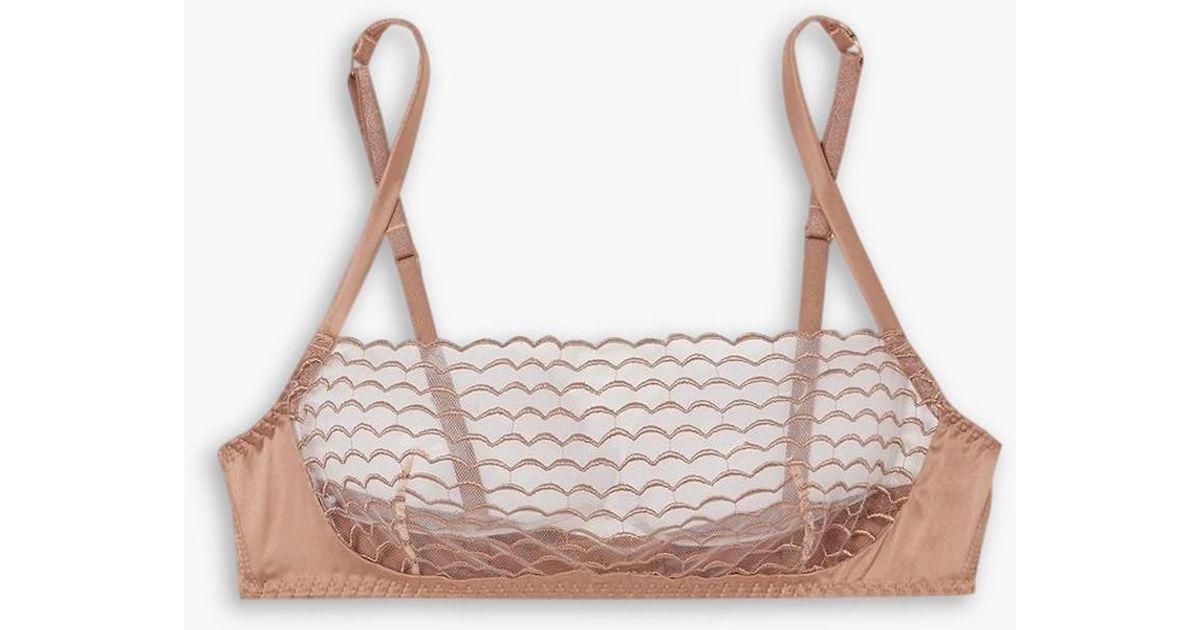 COCO DE MER London Talia Satin-trimmed Embroidered Tulle Bra in Natural ...
