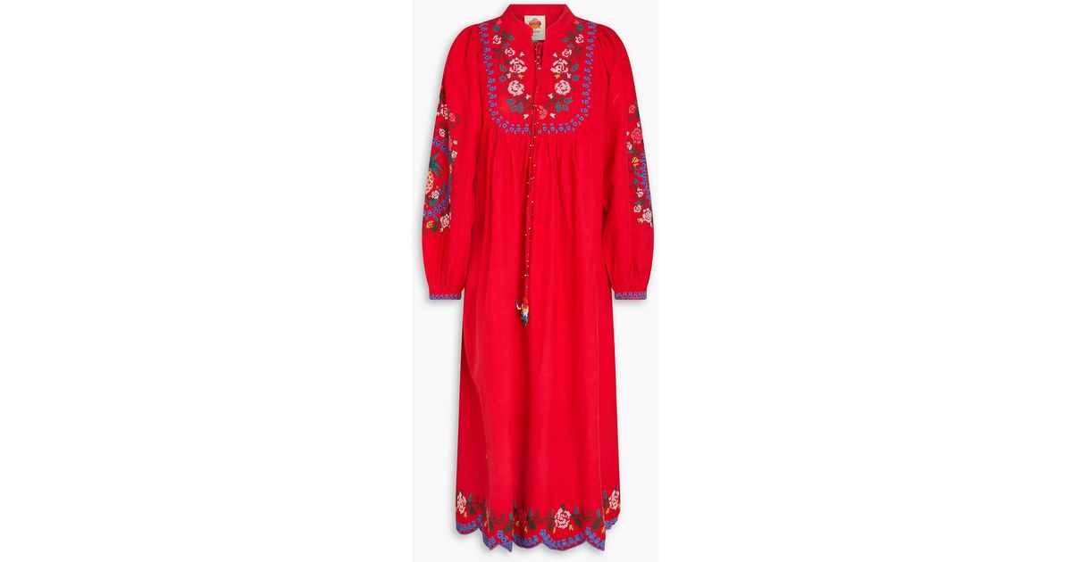 FARM Rio Embellished Linen-blend Midi Dress in Red | Lyst UK