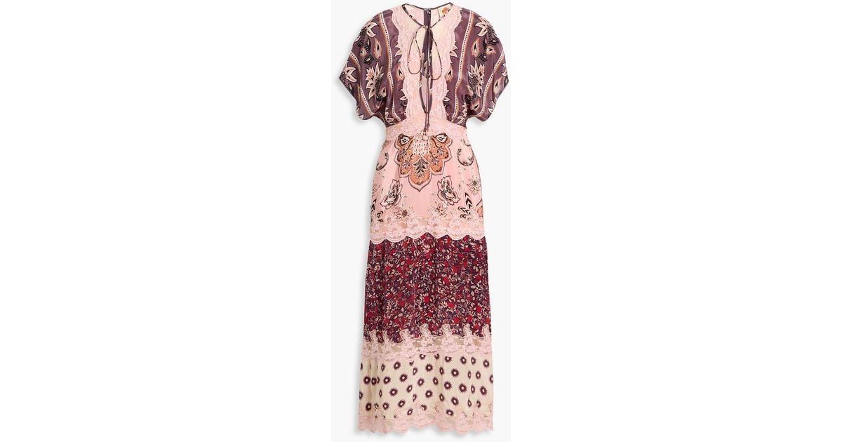 FARM Rio Printed Satin And Lace Midi Dress in Red | Lyst UK