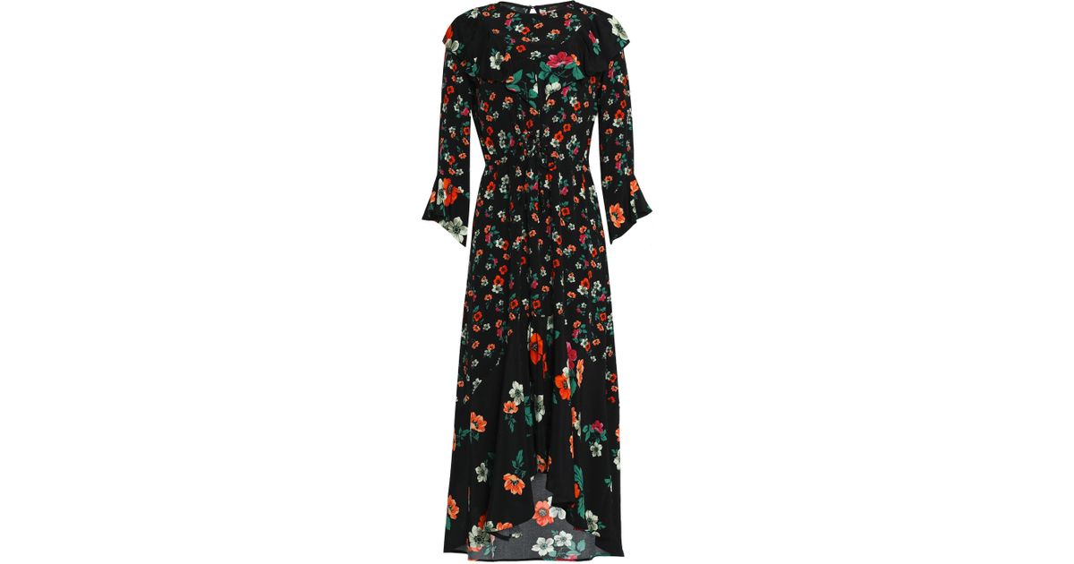 Maje Ruffle Floral Print Crepe Midi Dress In Black Lyst
