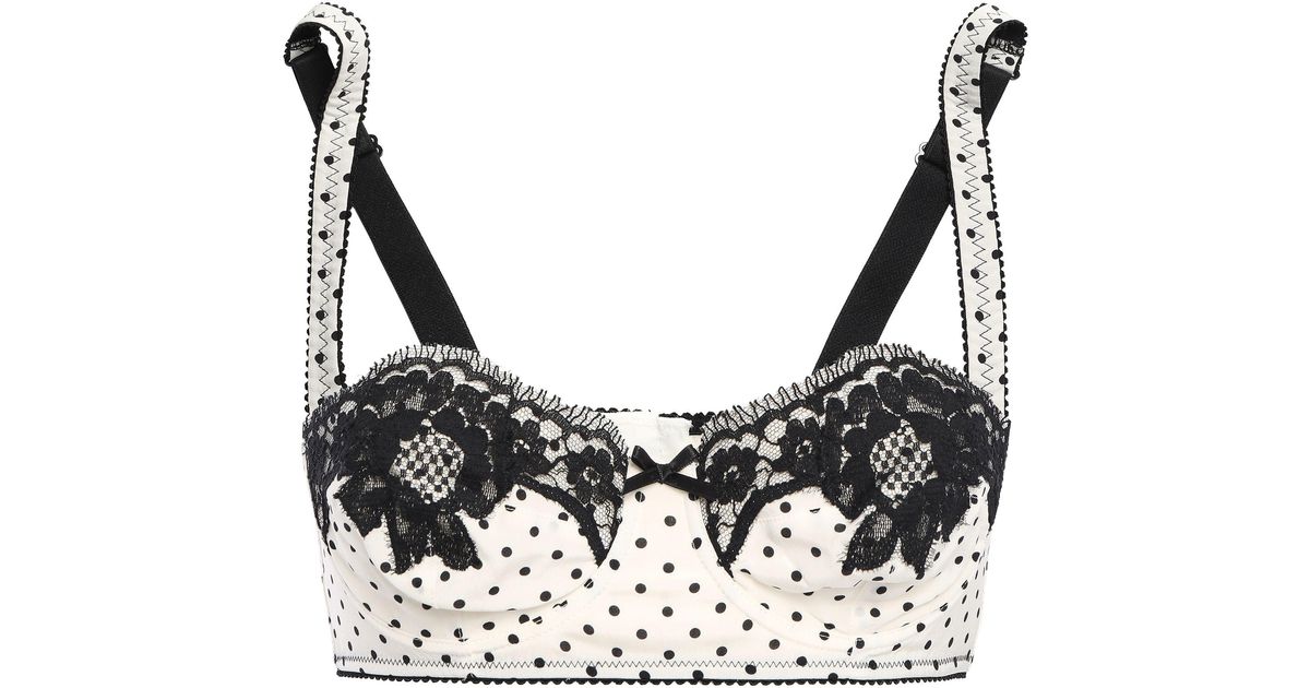 Dolce And Gabbana Lace Trimmed Polka Dot Stretch Silk Balconette Bra