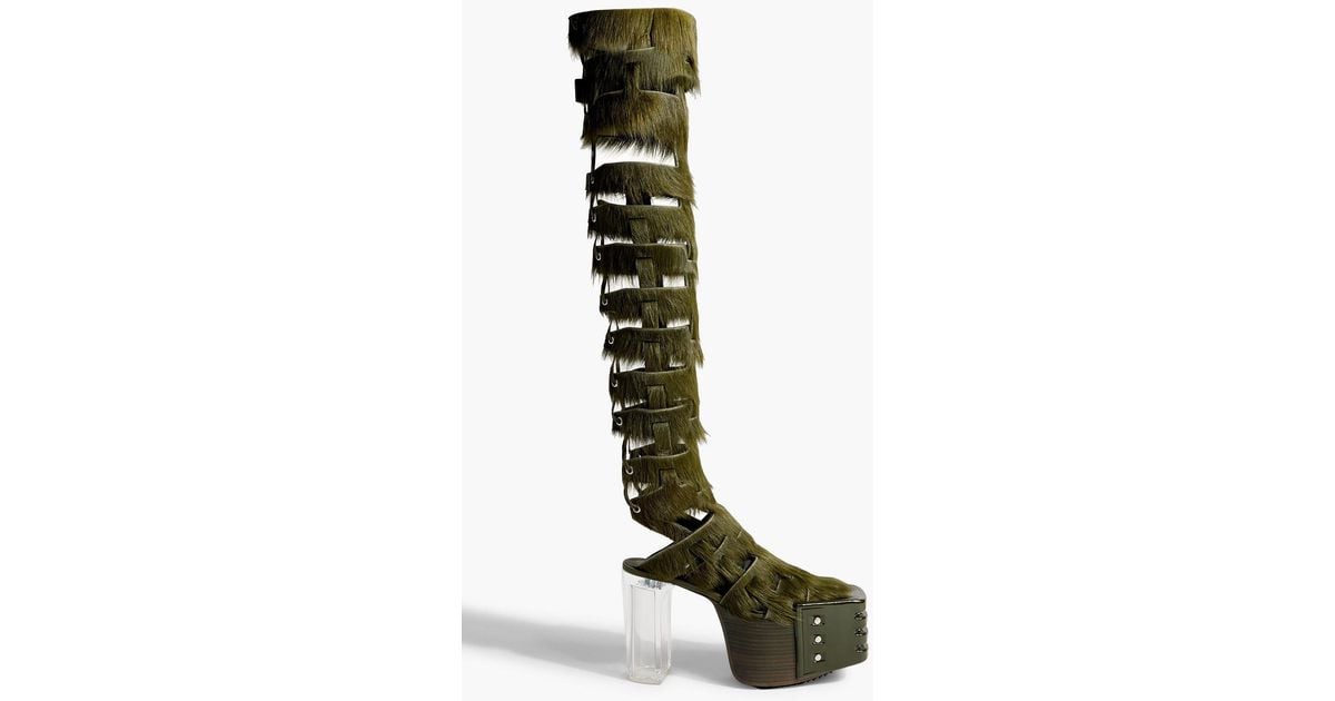 Rick Owens Kiss Lace-up Calf Hair Platform Thigh Boots in Green | Lyst