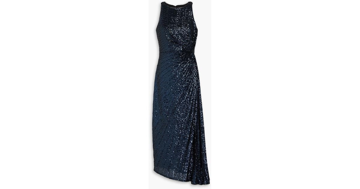 Badgley Mischka Wrap-effect Sequined Stretch-tulle Midi Dress in Blue ...