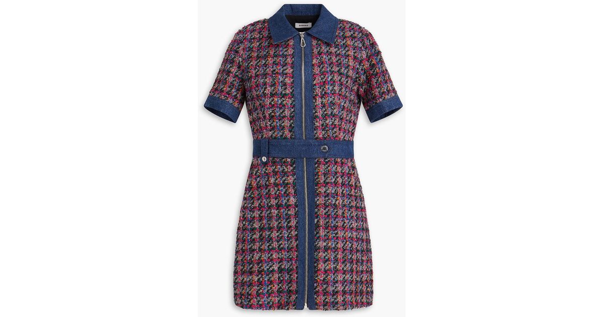 Sandro Denim-trimmed Checked Tweed Mini Dress in Blue | Lyst