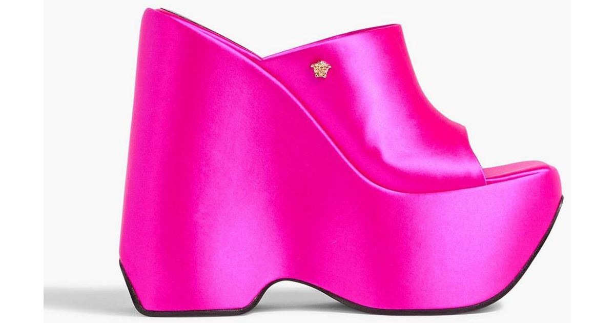 Versace Satin Wedge Platform Mules in Pink | Lyst