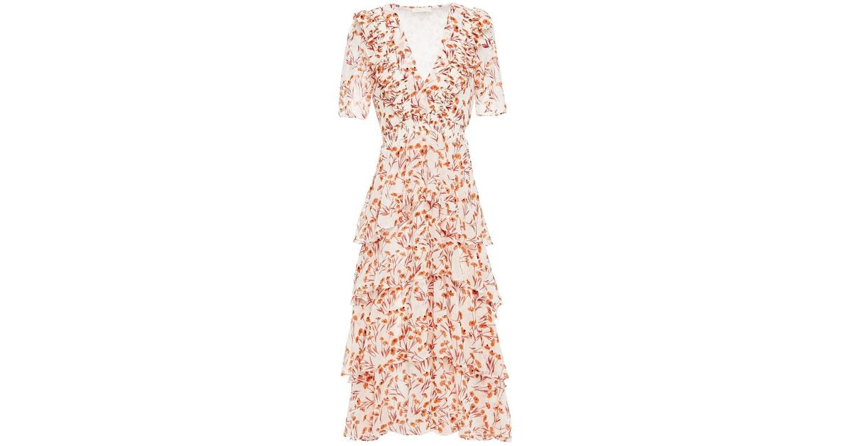 Maje Romina Tiered Floral Print Chiffon Midi Dress In Ecru Pink