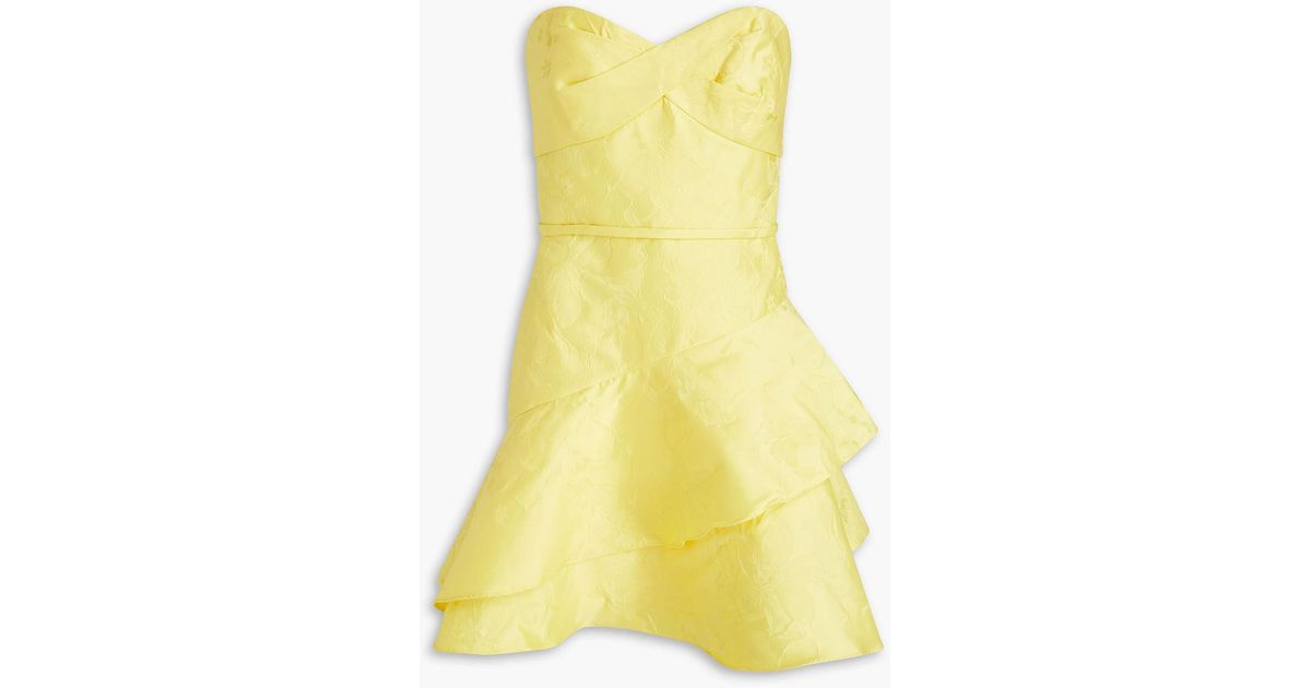 Ml Monique Lhuillier Strapless Tiered Satin Jacquard Mini Dress In