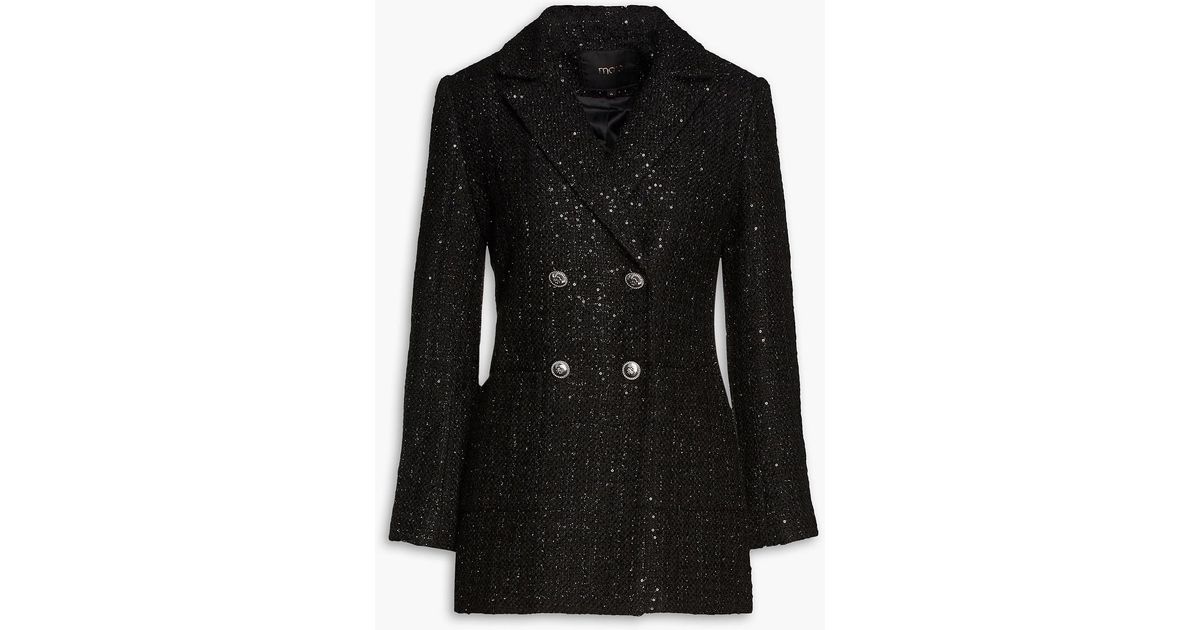 Maje Double-breasted Sequined Tweed Blazer in Black | Lyst UK