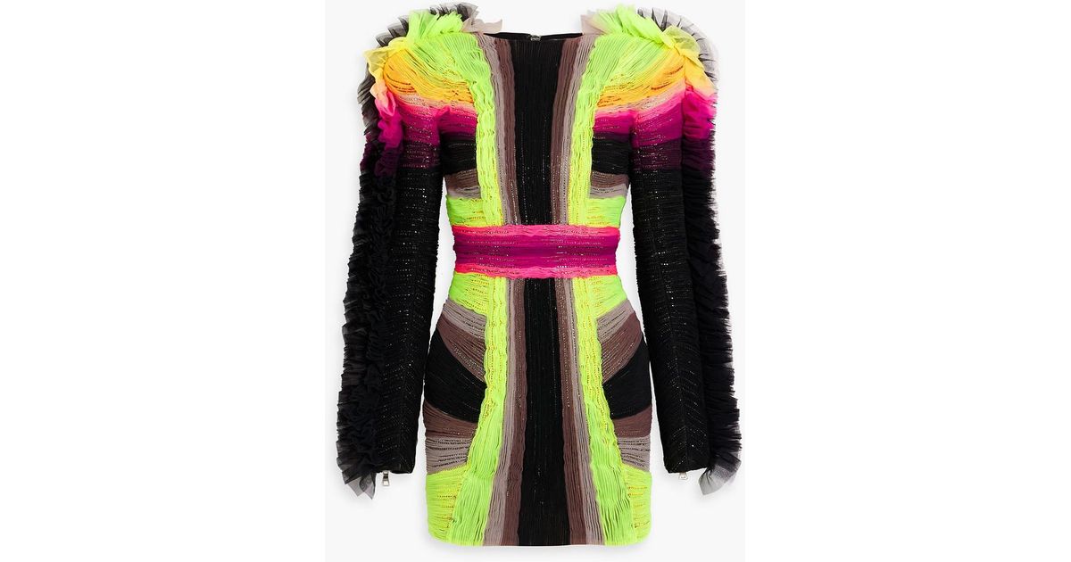 Balmain Crystal-Embellished Striped Plissé-Tulle Mini Dress in Green | Lyst