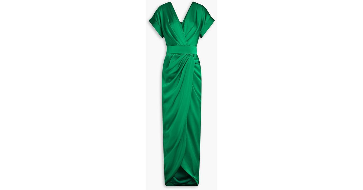 Rhea Costa Jaya Belted Draped Satin Maxi Dress in Green | Lyst