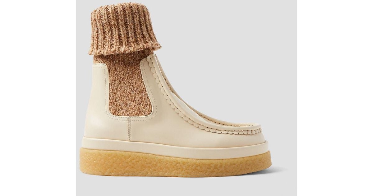 Chloé Jamie Leather And Ribbed-knit Ankle Boots in Natural | Lyst