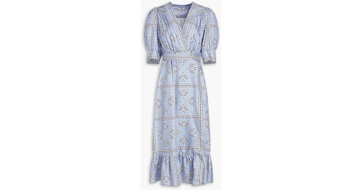 Sandro Gathered Paisley-print Silk-twill Midi Wrap Dress in Blue | Lyst ...