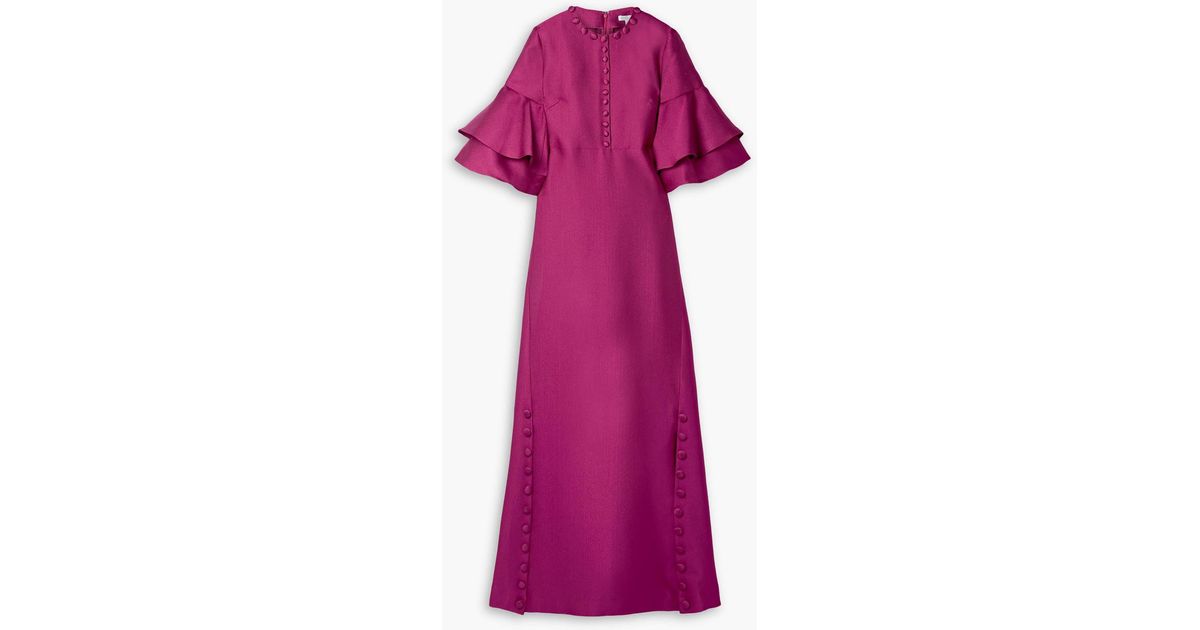 Reem Acra Button Embellished Ruffled Satin Piqué Gown In Purple Lyst