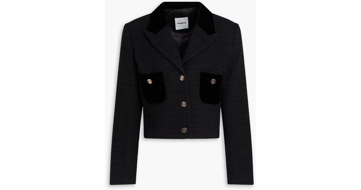 Sandro Velvet-Trimmed Tweed Jacket in Black | Lyst UK