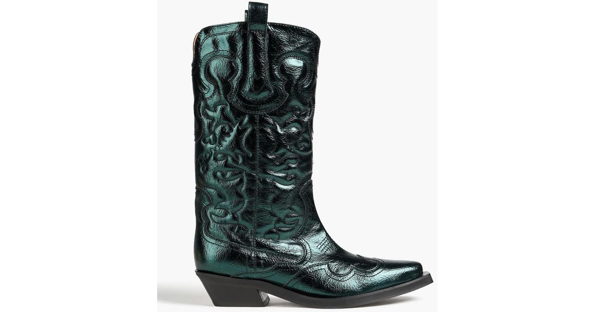 Ganni Metallic Cowboy Boots in Green | Lyst UK