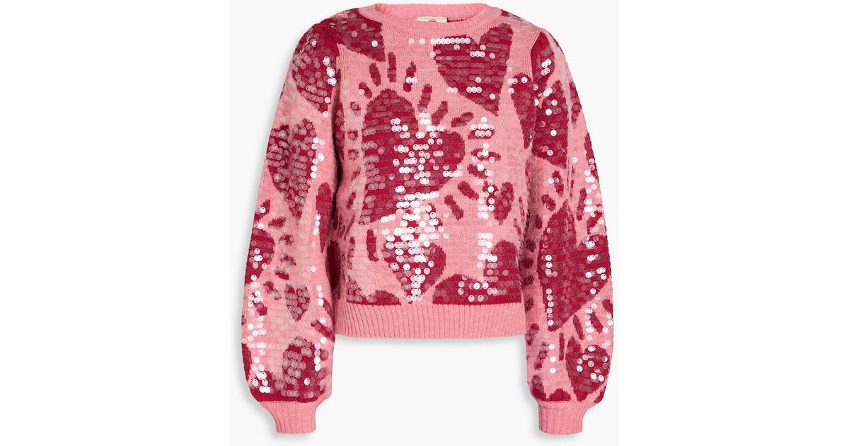 FARM Rio Sequin-embellished Intarsia-knit Sweater in Red | Lyst UK