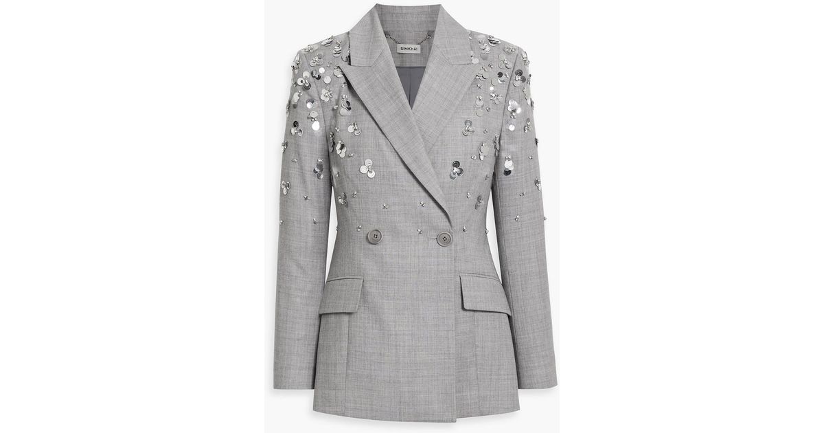 Jonathan Simkhai Getty Double-Breasted Embellished Wool Blazer in Gray ...