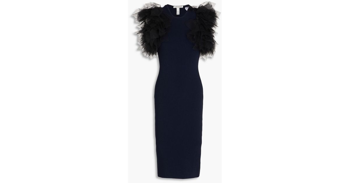 Autumn Cashmere Tulle-trimmed Ruffled Ribbed-knit Midi Dress in Blue ...