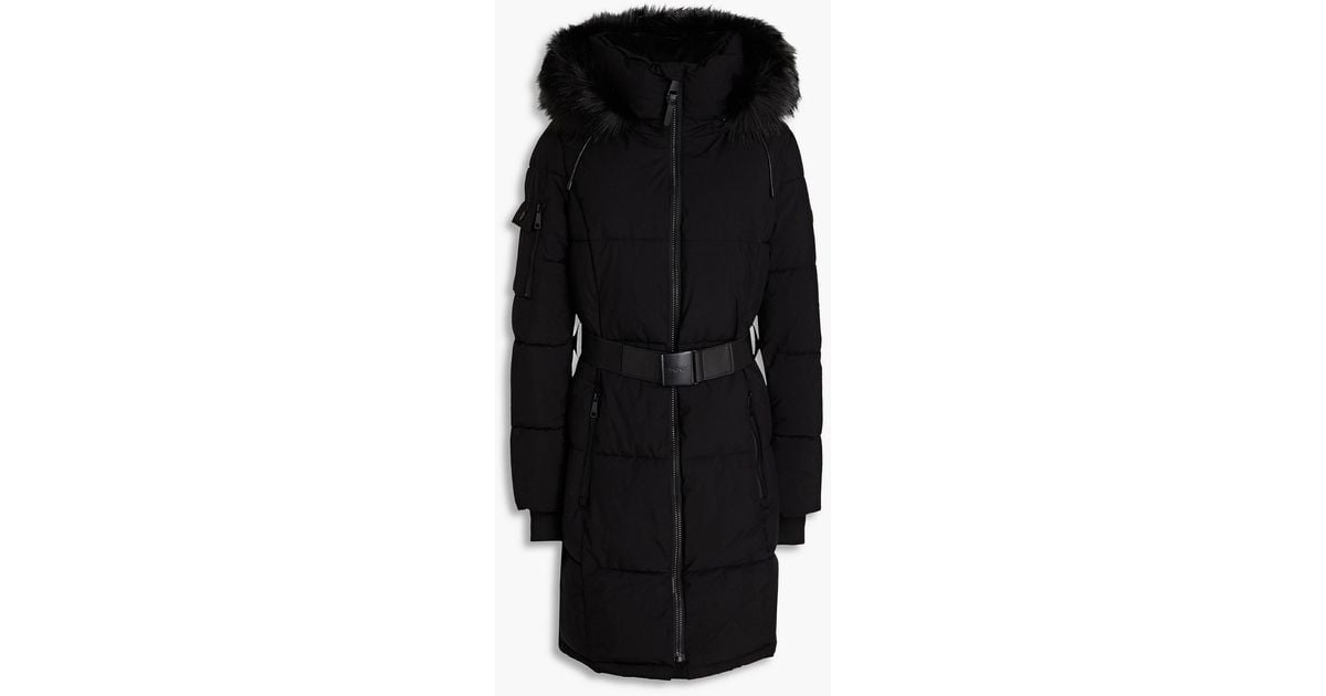 DKNY Belted Quilted Shell Hooded Coat in Black | Lyst UK